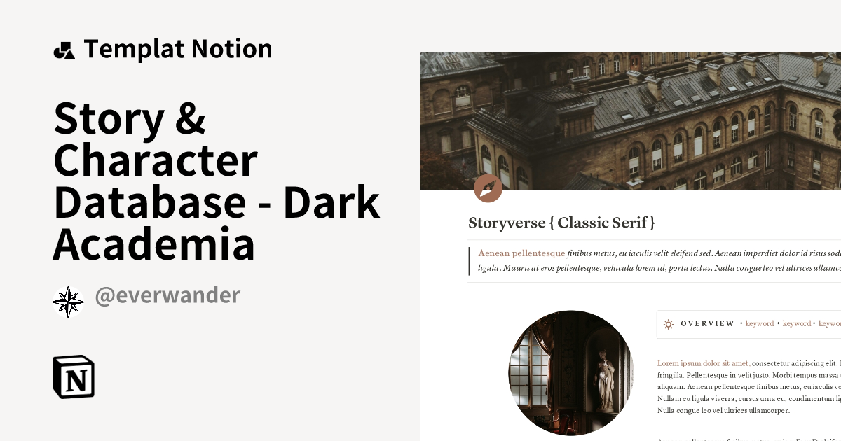 Templat Story & Character Database - Dark Academia | Notion Marketplace