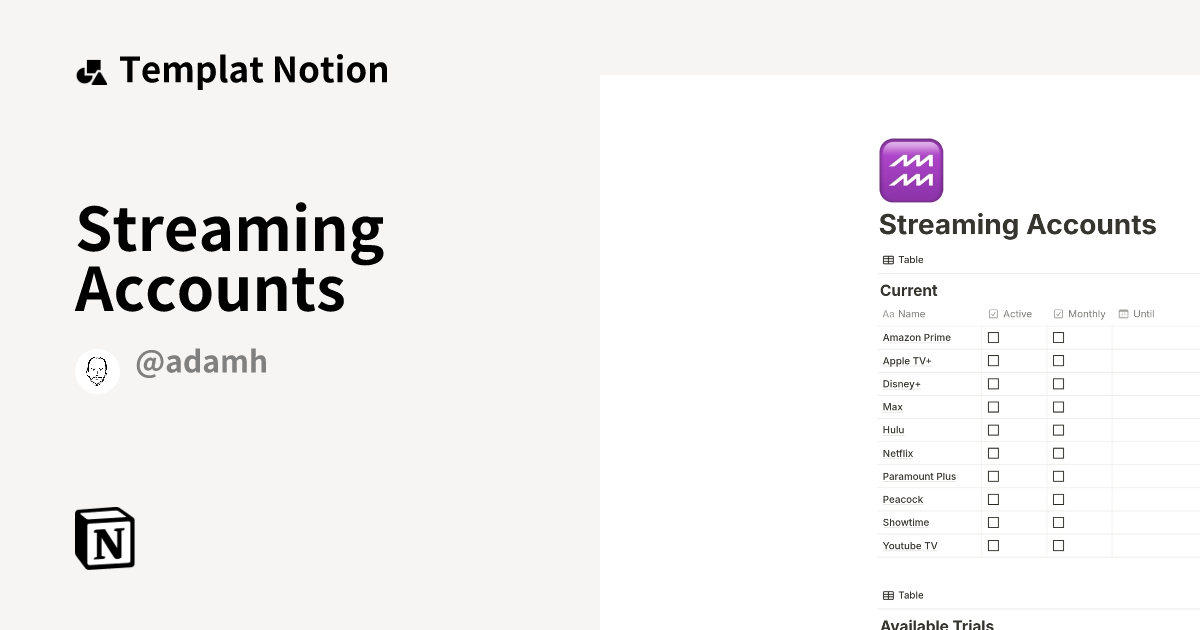 Templat Streaming Accounts | Notion Marketplace