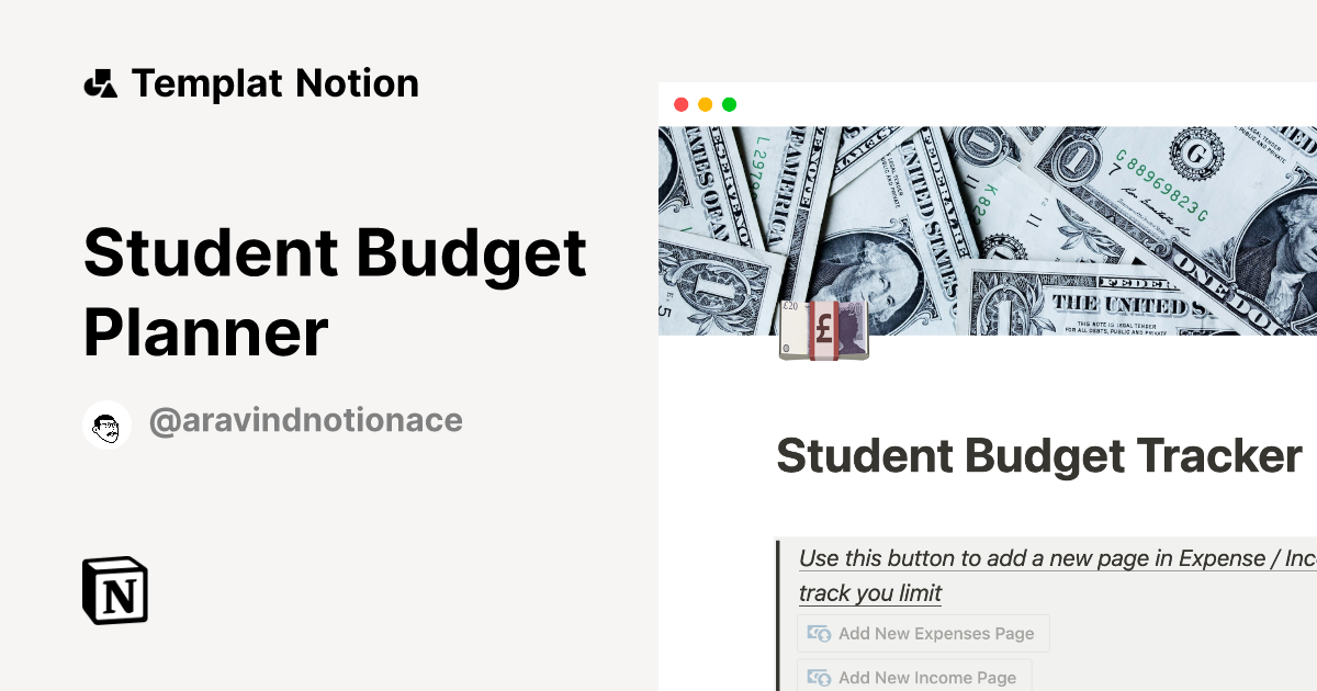 Student Budget Planner Templat oleh AravindNotionAce | Notion Marketplace
