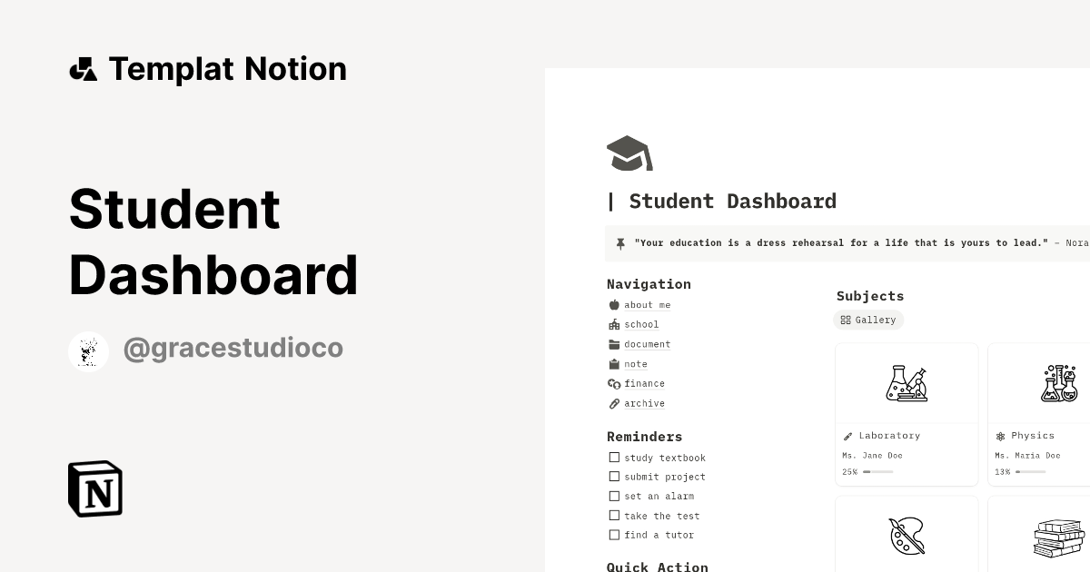 Student Dashboard Templat oleh Grace Studio | Notion Marketplace