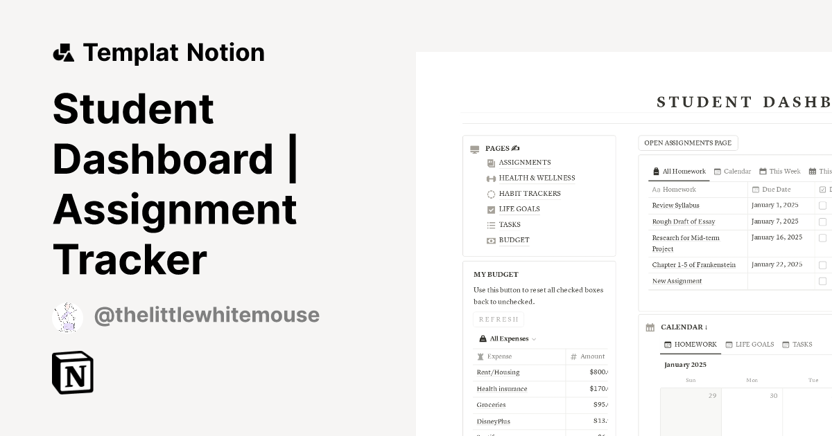 Templat Student Dashboard | Assignment Tracker | Notion Marketplace