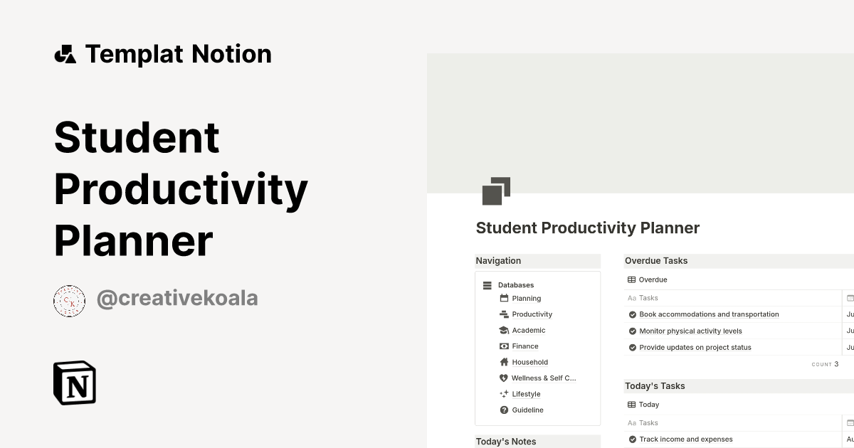 Templat Student Productivity Planner | Notion Marketplace