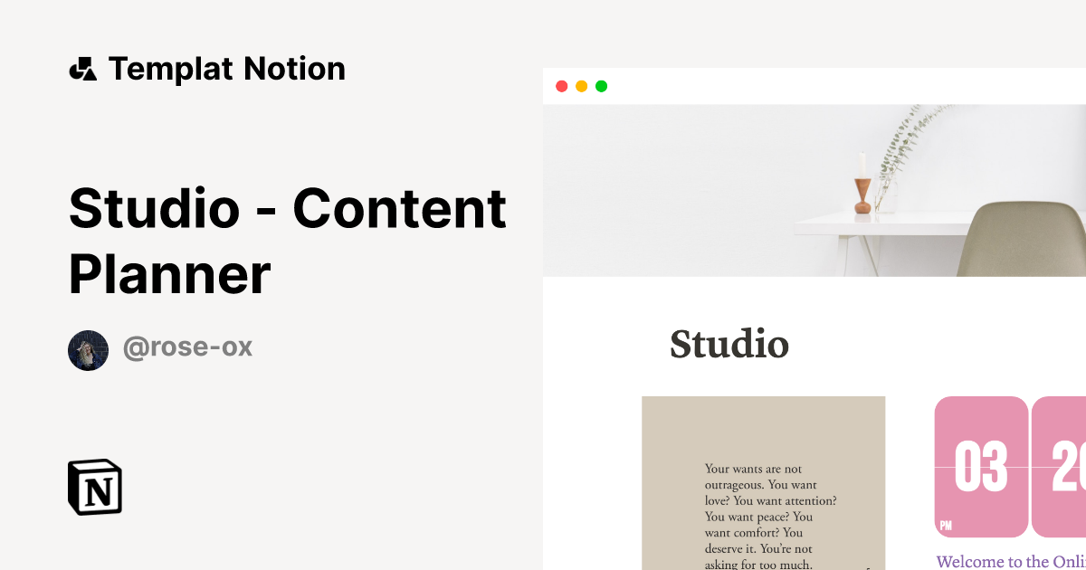 Studio - Content Planner Templat oleh Rose Ox | Notion Marketplace