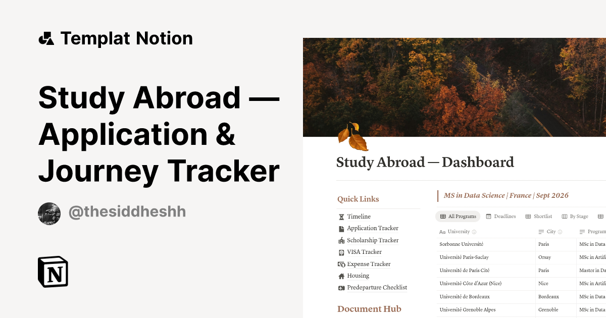 Templat Study Abroad — Application & Journey Tracker | Notion Marketplace