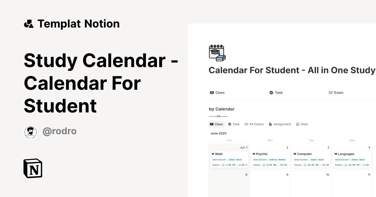 Study Calendar - Calendar For Student Templat oleh Rodro | Notion Marketplace