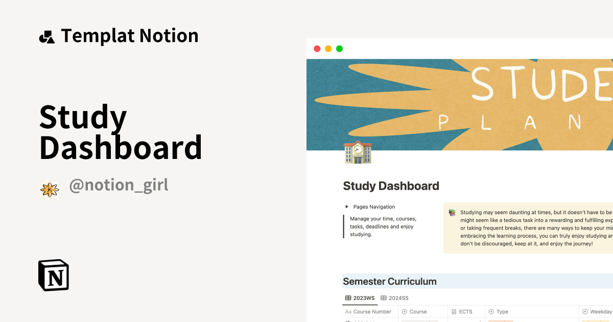 Study Dashboard Templat oleh KristinaK3 | Notion Marketplace
