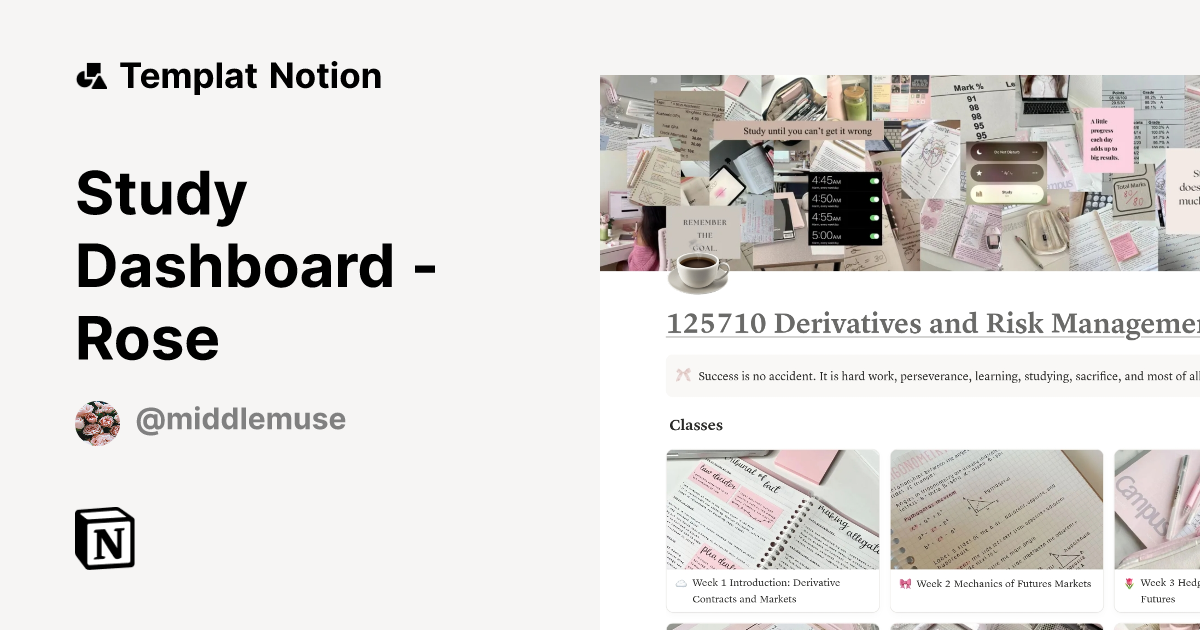 Study Dashboard - Rose Templat oleh Middle Muse | Notion Marketplace