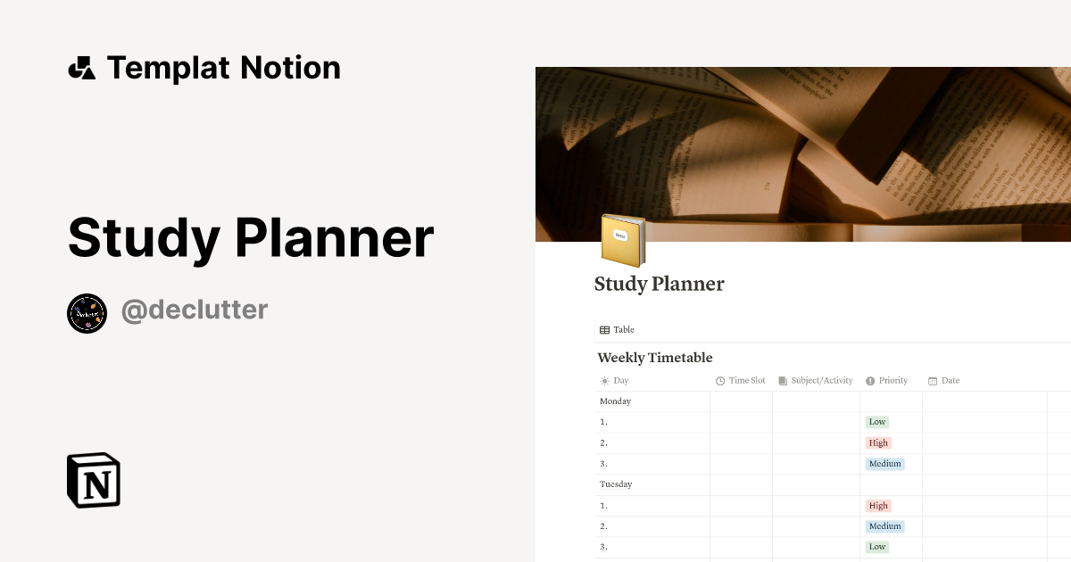 Study Planner Templat oleh Declutter | Notion Marketplace