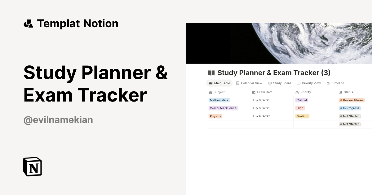 Study Planner & Exam Tracker Templat oleh Evil Namekian | Notion Marketplace