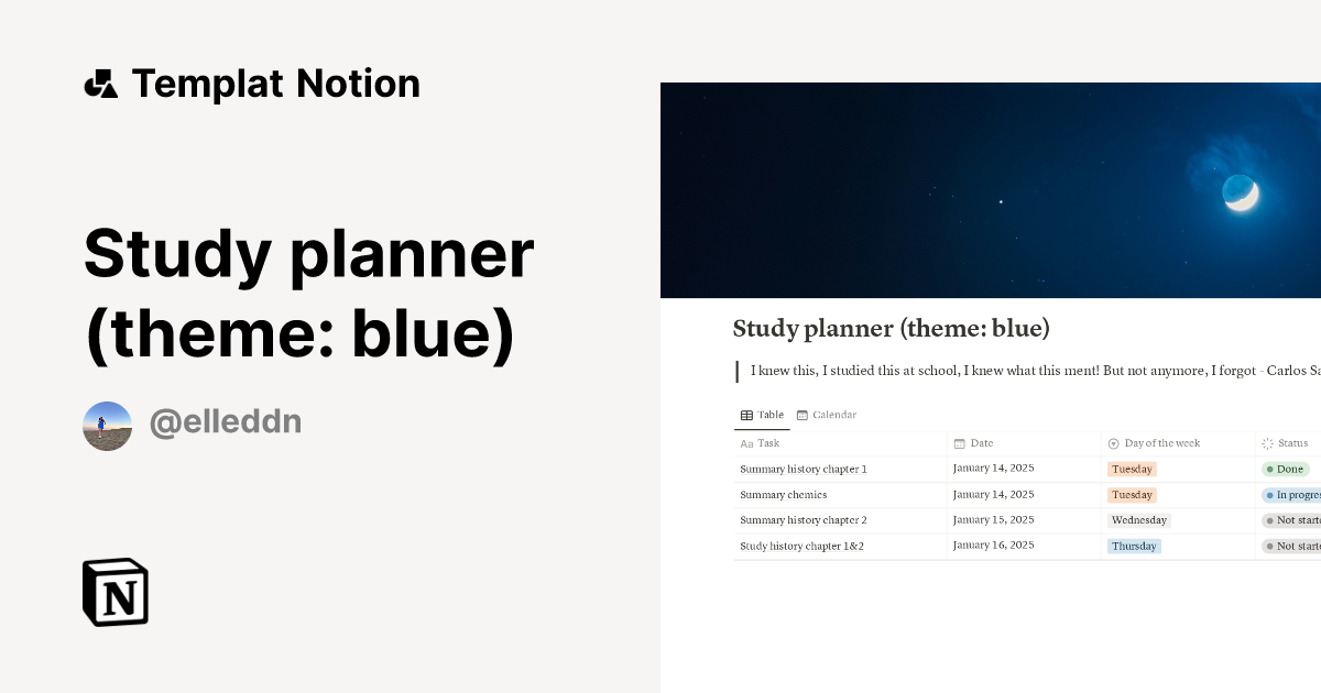 Templat Study planner (theme: blue) | Notion Marketplace
