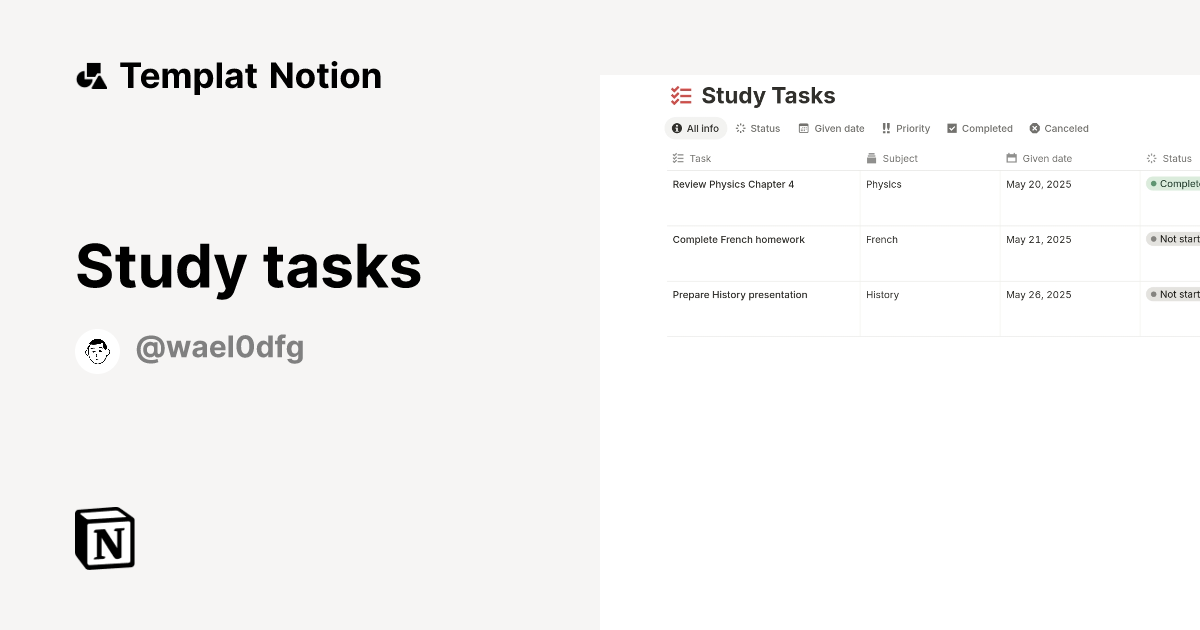 Study tasks Templat oleh Wael0dfg | Notion Marketplace