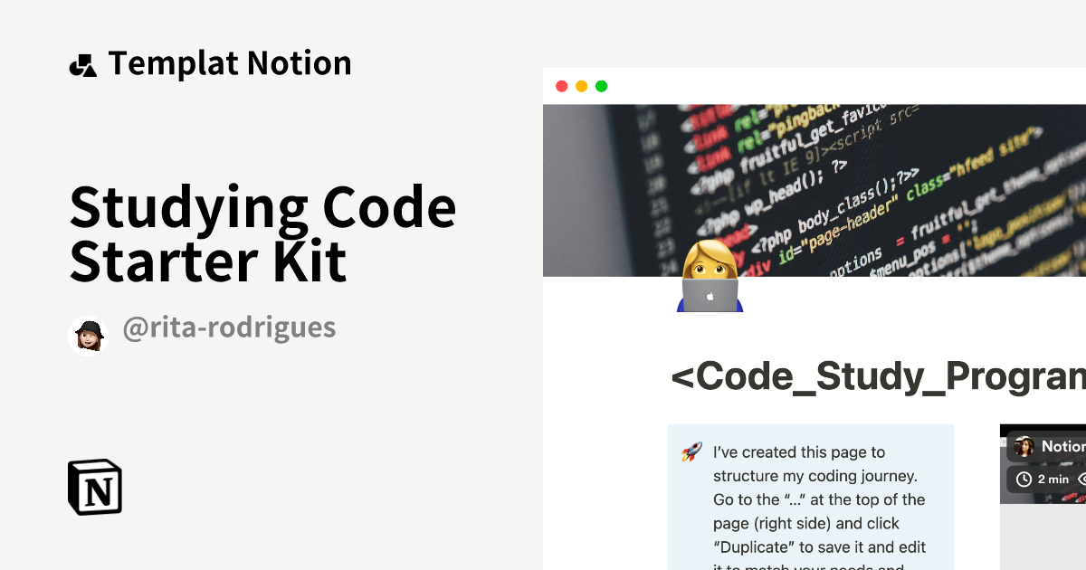 Studying Code Starter Kit Templat oleh Rita Rodrigues | Notion Marketplace