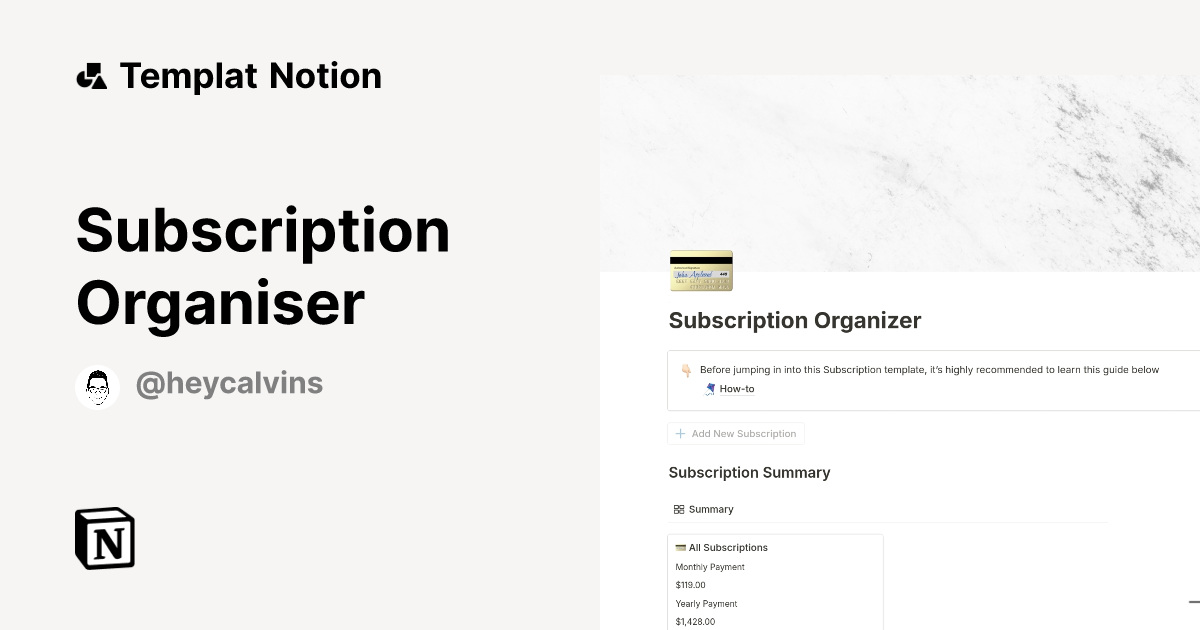 Subscription Organiser Templat oleh Calvin | Notion Marketplace