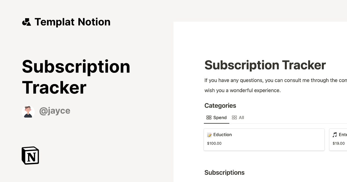 Templat Subscription Tracker | Notion Marketplace