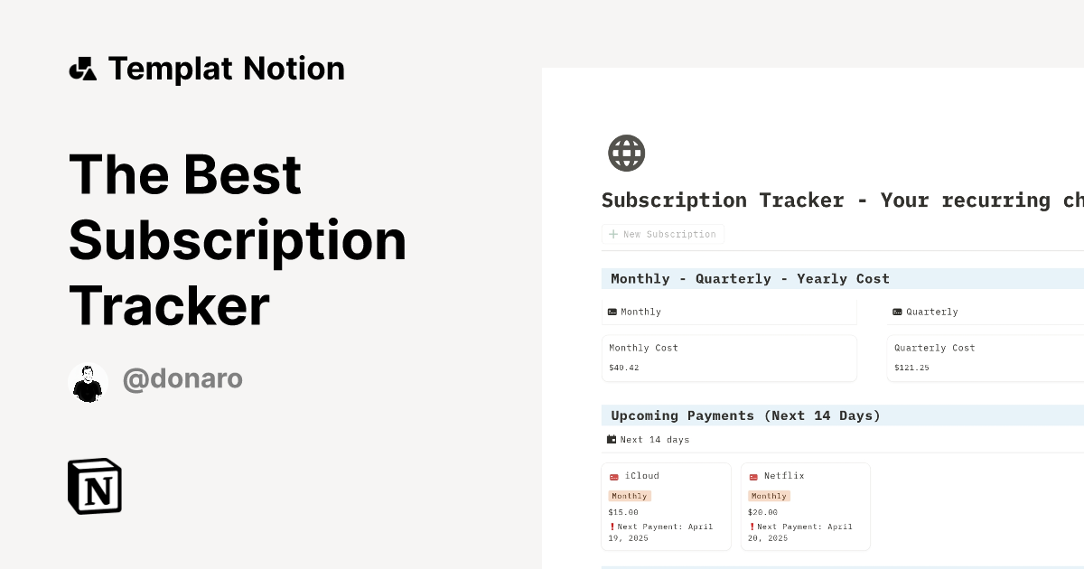 The Best Subscription Tracker Templat oleh Donaro | Notion Marketplace