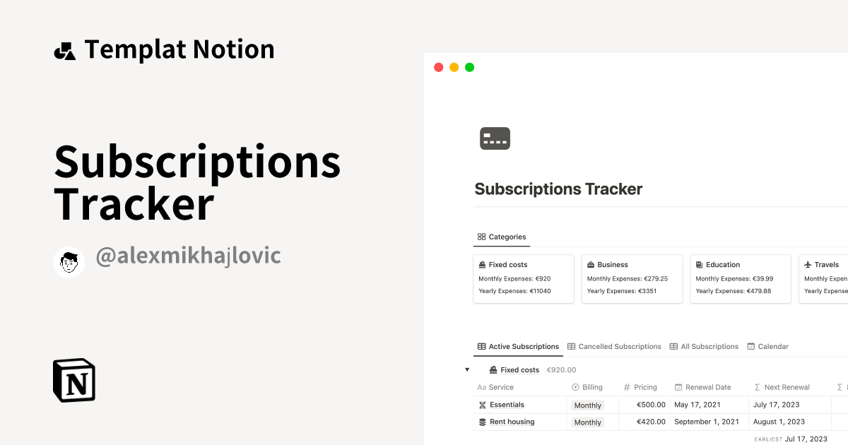 Subscriptions Tracker Templat oleh Alex | Notion Marketplace
