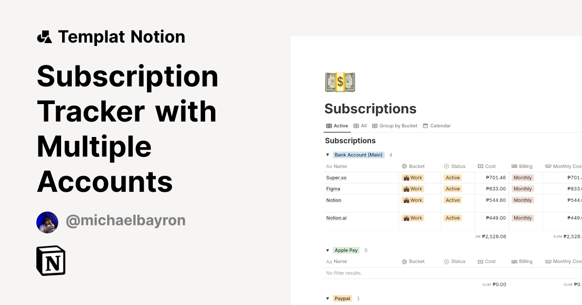 Templat Subscription Tracker with Multiple Accounts | Notion Marketplace