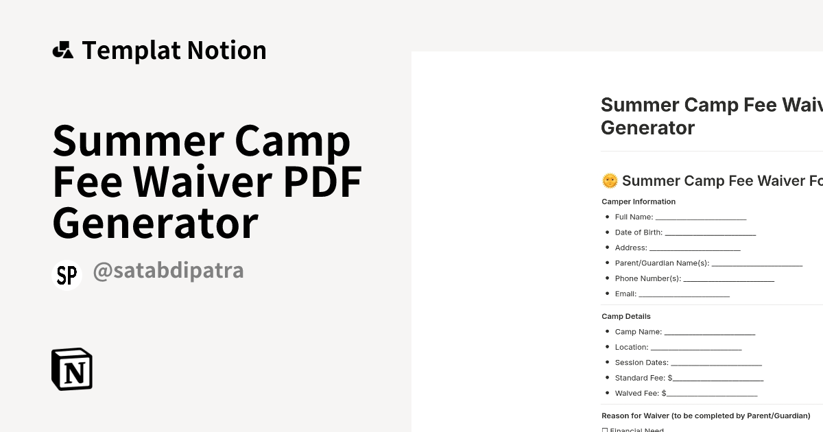 Summer Camp Fee Waiver PDF Generator Templat oleh Satabdi Patra ...