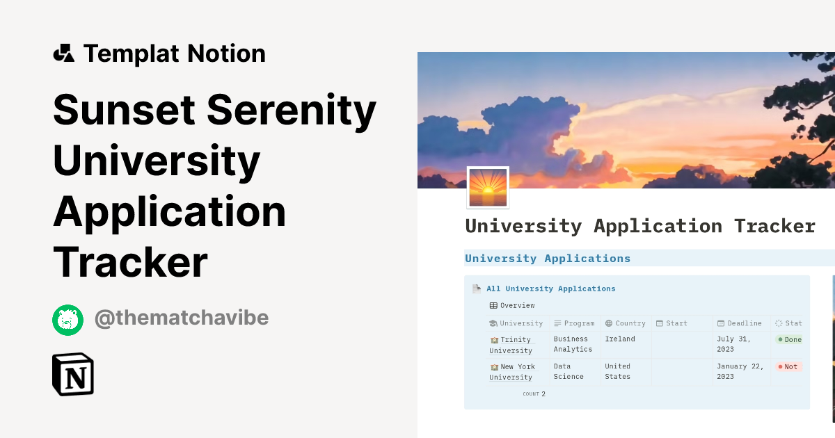 Templat Sunset Serenity University Application Tracker | Notion Marketplace