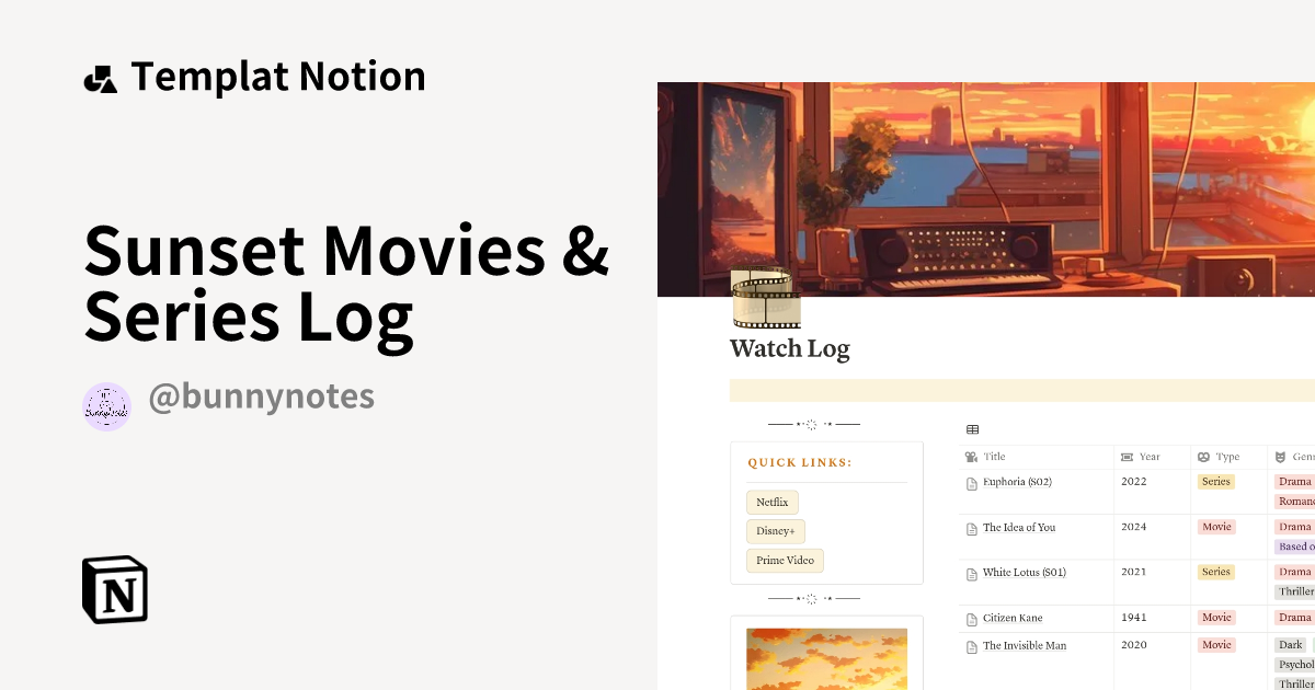 Sunset Movies & Series Log Templat oleh Bunny Notes | Notion Marketplace