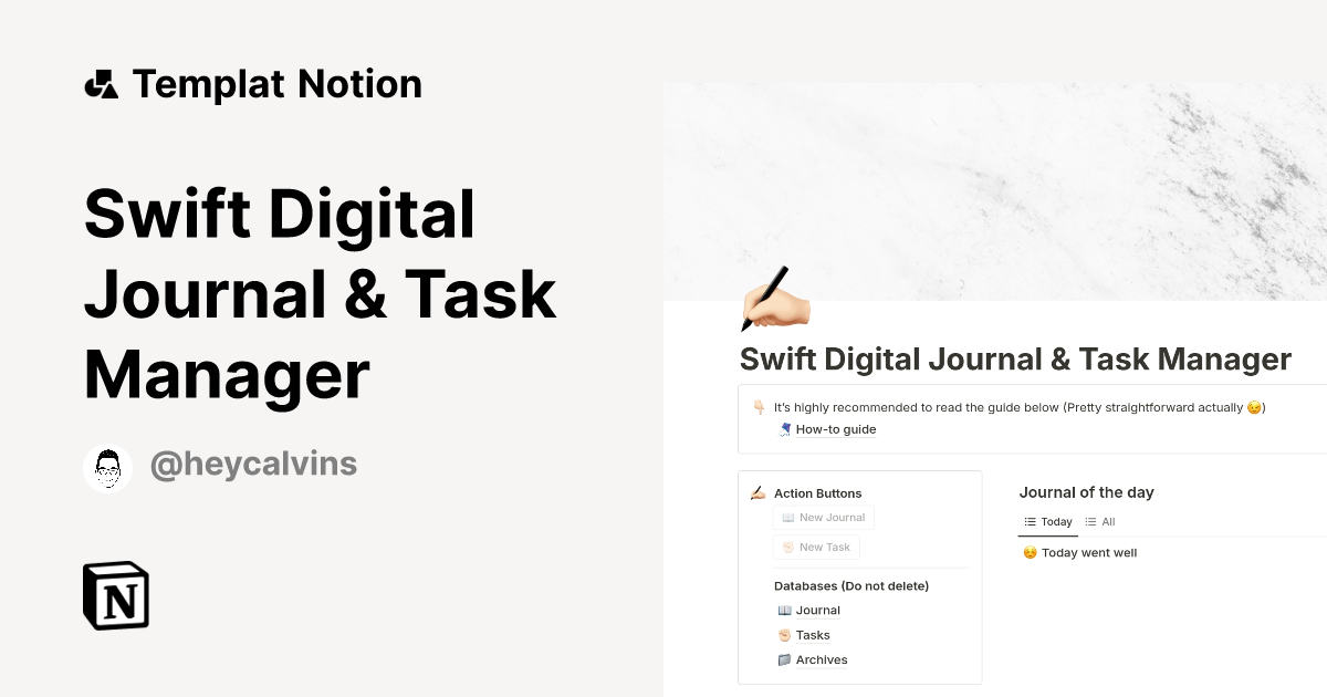 Templat Swift Digital Journal & Task Manager | Notion Marketplace