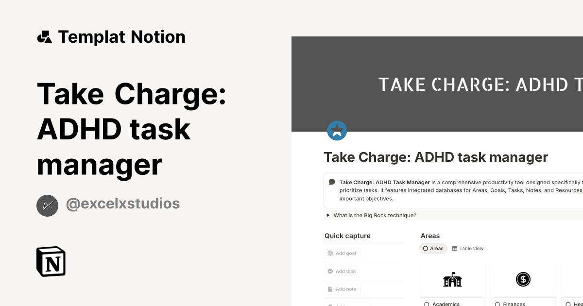 Take Charge: ADHD task manager Templat oleh Excel Studios | Notion Marketplace
