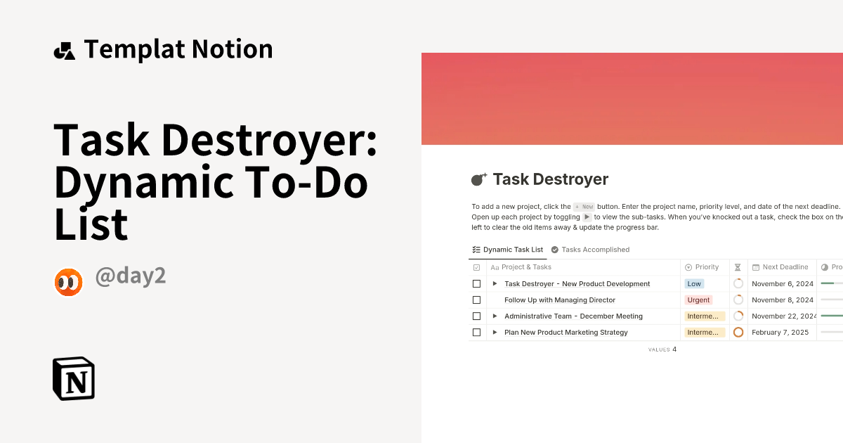 Task Destroyer: Dynamic To-Do List Templat oleh DAY | Notion Marketplace