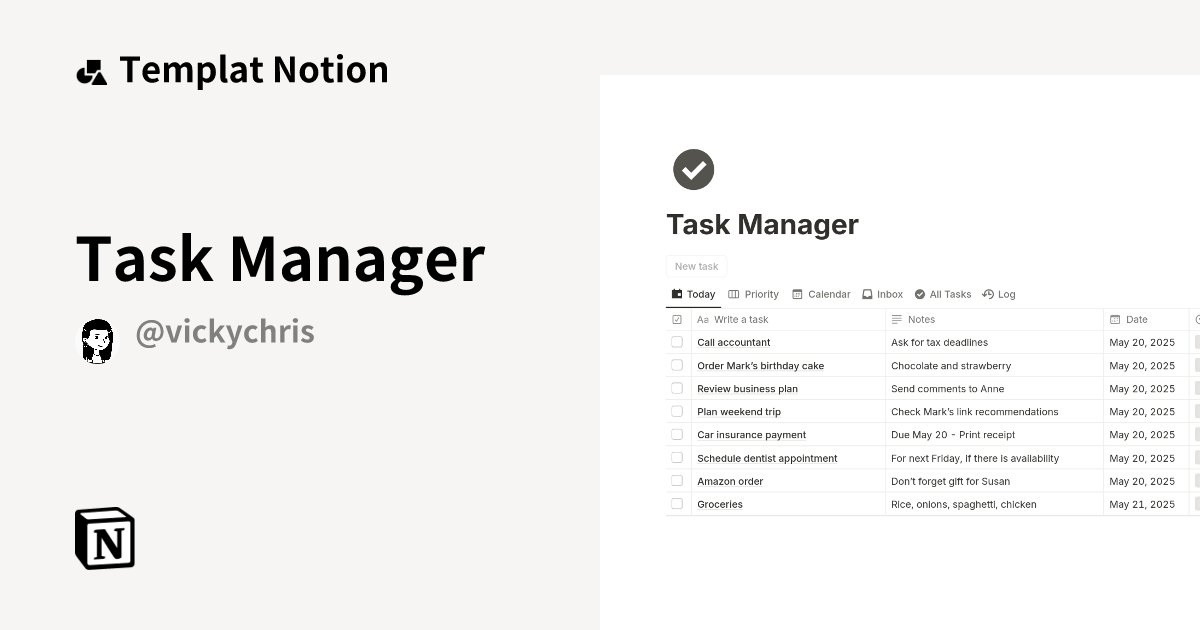 Task Manager Templat oleh Vicky Chris | Notion Marketplace