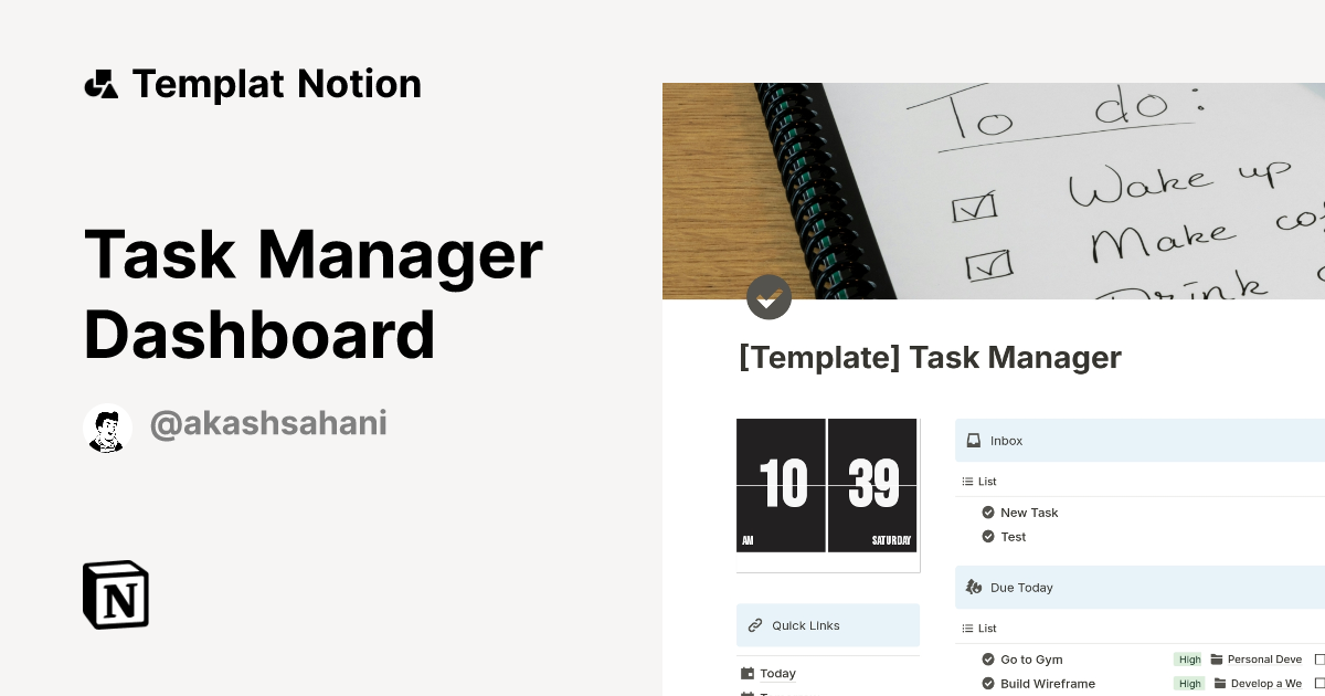 Task Manager Dashboard Templat oleh Akash Sahani | Notion Marketplace