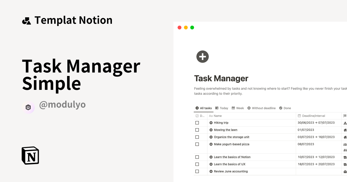 Task Manager Simple Templat oleh Modulyo | Notion Marketplace