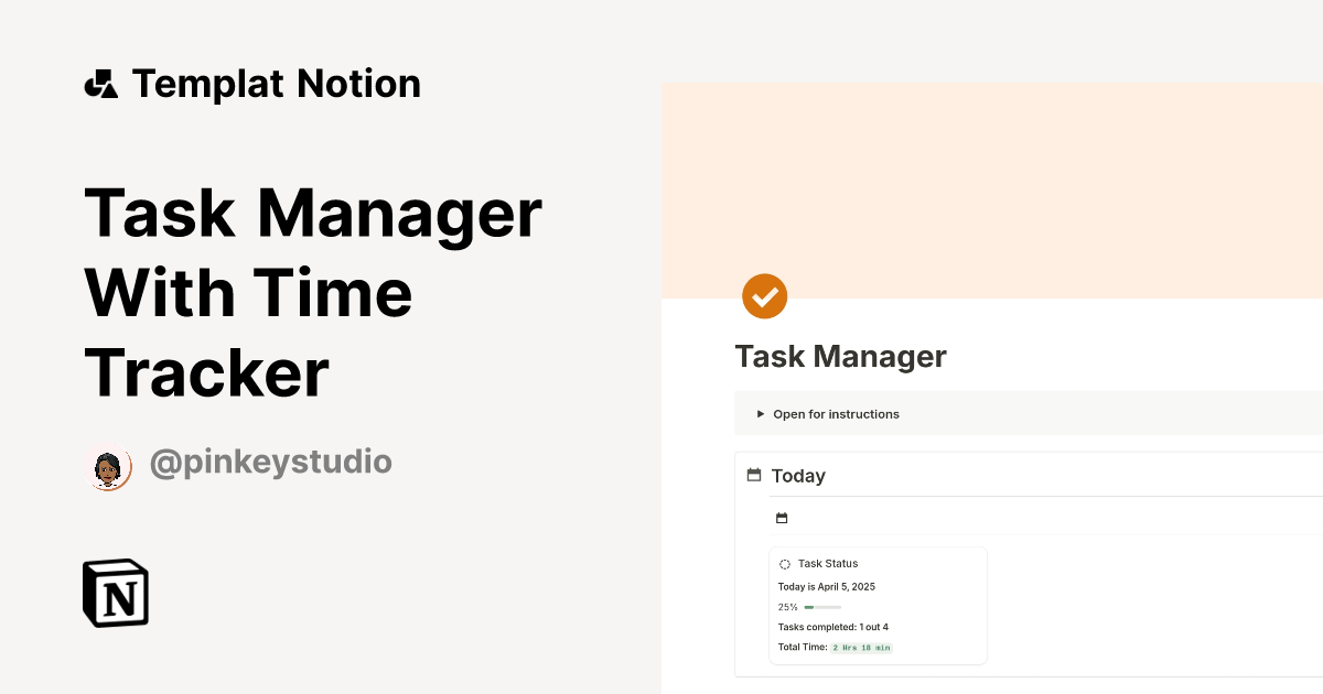 Task Manager With Time Tracker Templat oleh Pinkey | Notion Marketplace