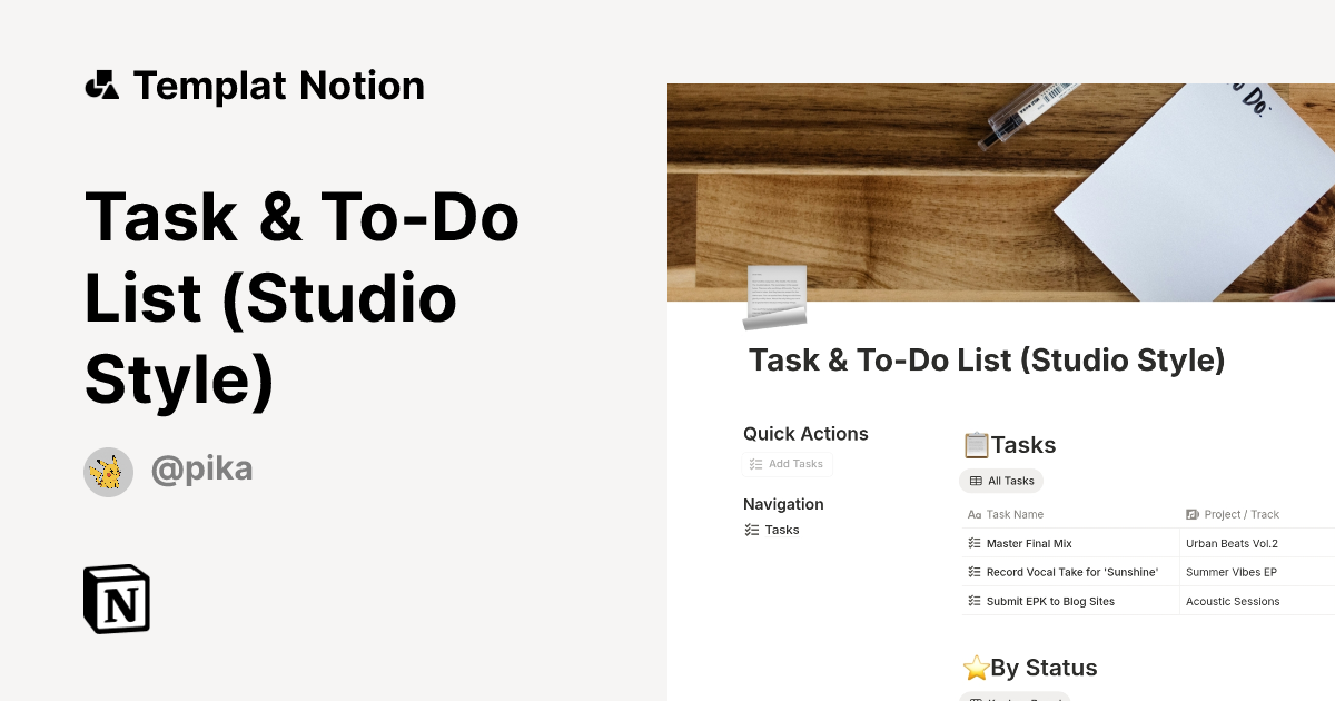 Task & To-Do List (Studio Style) Templat oleh Pika | Notion Marketplace