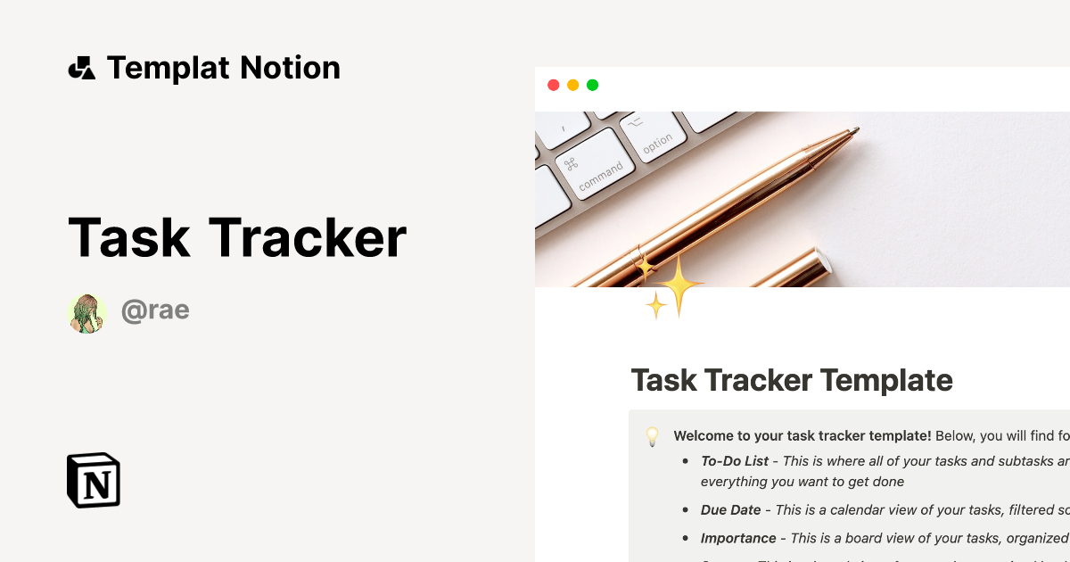 Task Tracker Templat oleh Rae | Notion Marketplace
