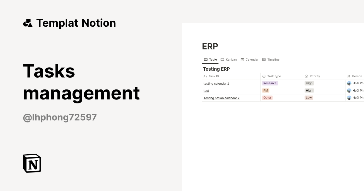 Tasks management Templat oleh Luu Hoai Phong | Notion Marketplace