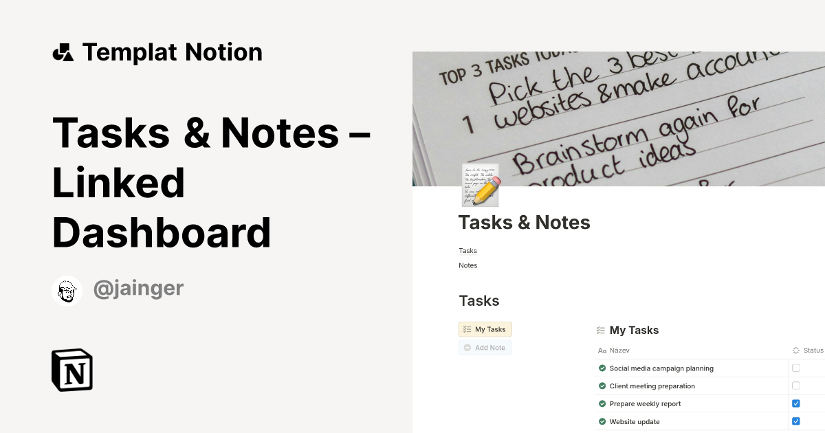 Tasks & Notes – Linked Dashboard Templat oleh Jakub Inger | Notion ...