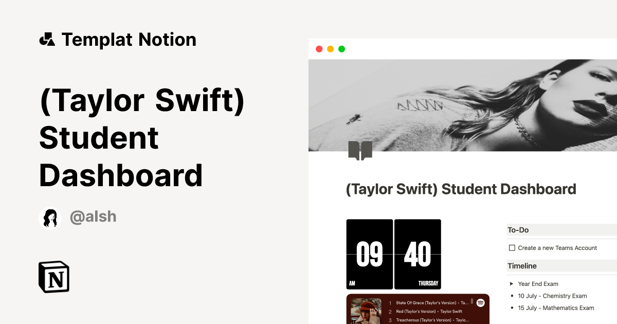 Templat (Taylor Swift) Student Dashboard | Notion Marketplace