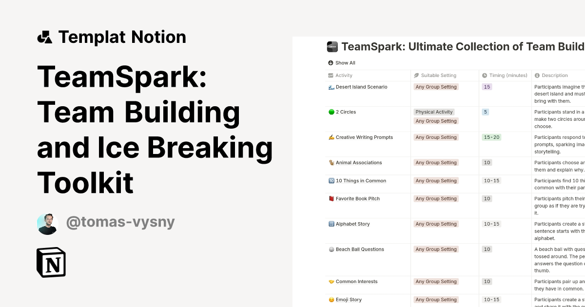 Templat TeamSpark: Team Building and Ice Breaking Toolkit | Notion Marketplace