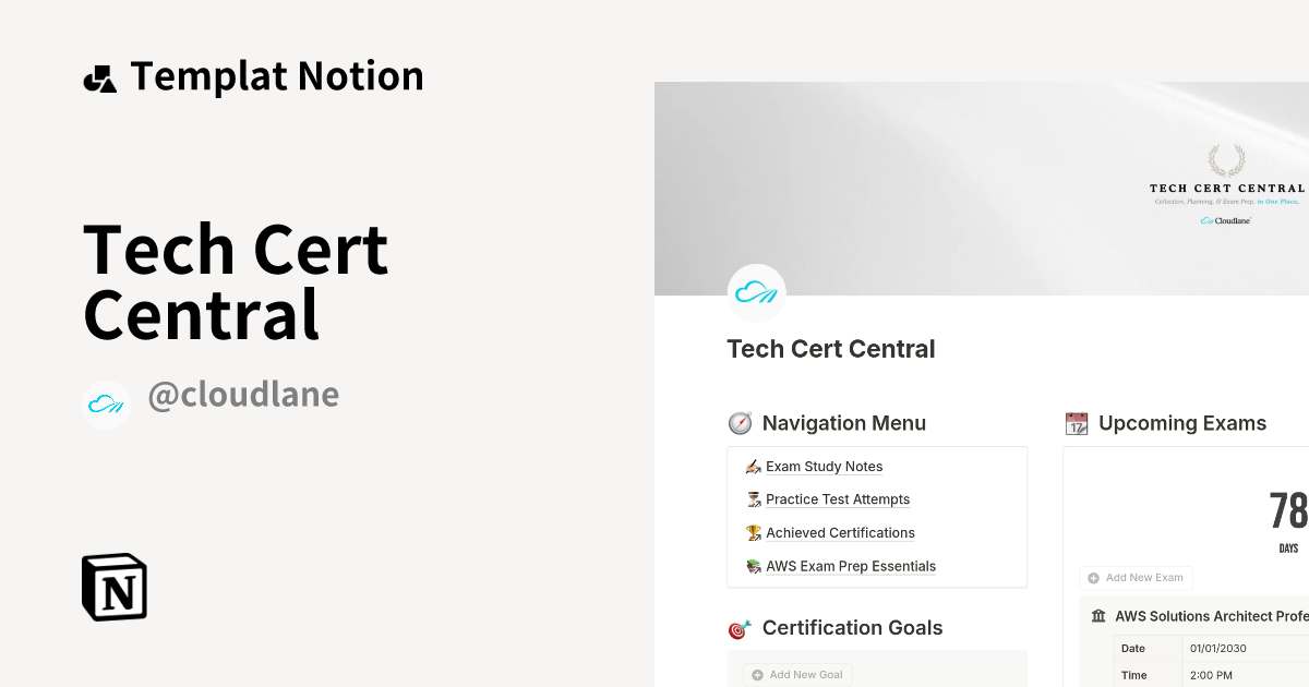 Tech Cert Central Templat oleh Cloudlane | Notion Marketplace