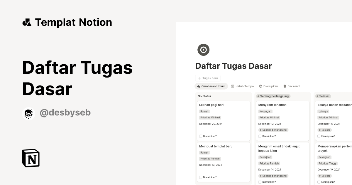 Daftar Tugas Dasar Templat oleh desbyseb | Notion Marketplace