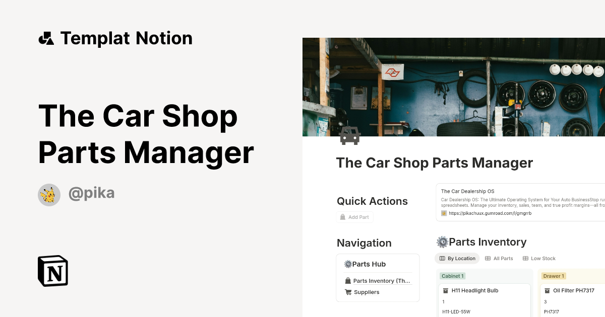 The Car Shop Parts Manager Templat oleh Pika | Notion Marketplace