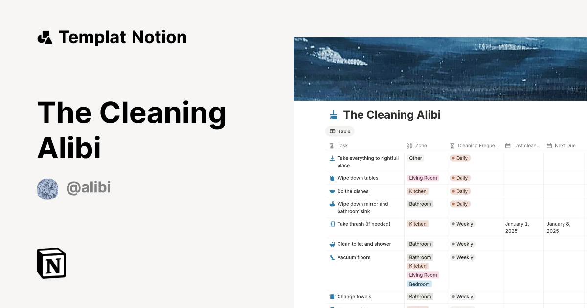 The Cleaning Alibi Templat oleh Alibi | Notion Marketplace