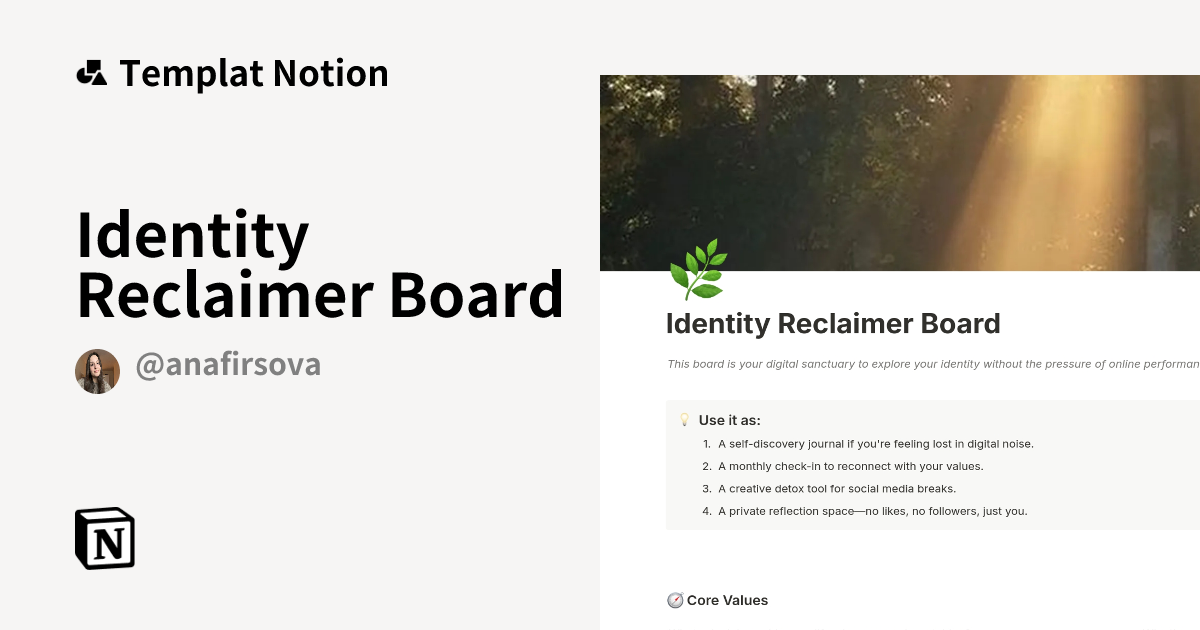 Identity Reclaimer Board Templat oleh Ana Firsova | Notion Marketplace