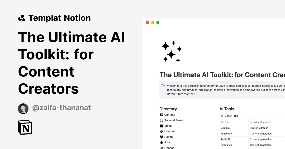 The Ultimate AI Toolkit: for Content Creators Templat oleh Zestsy | Notion Marketplace