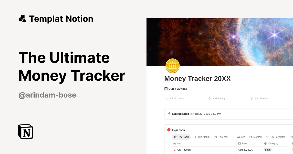 The Ultimate Money Tracker Templat oleh Arindam Bose | Notion Marketplace