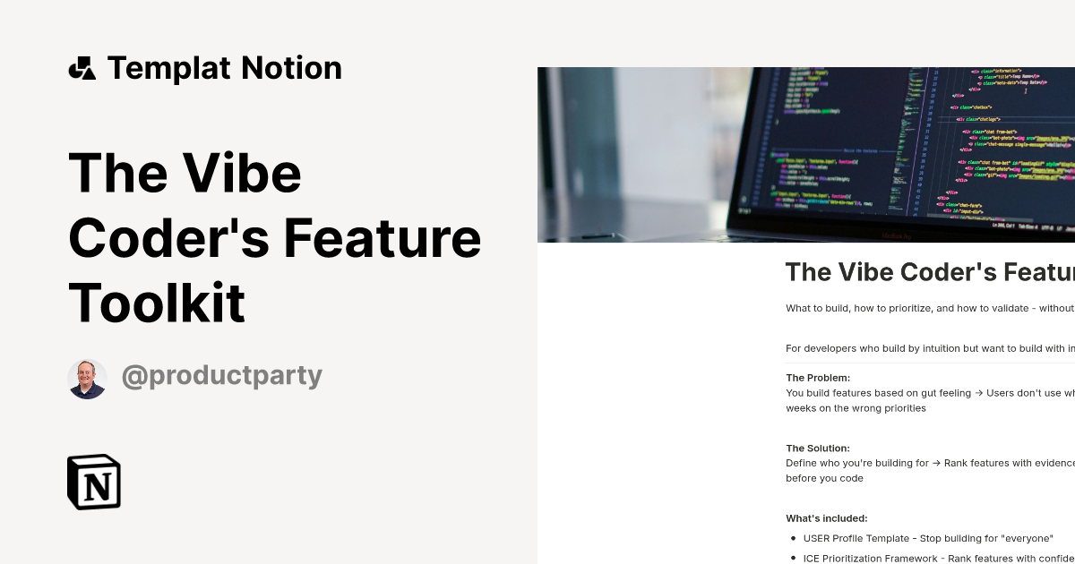 The Vibe Coder's Feature Toolkit Templat oleh Product Party | Notion Marketplace