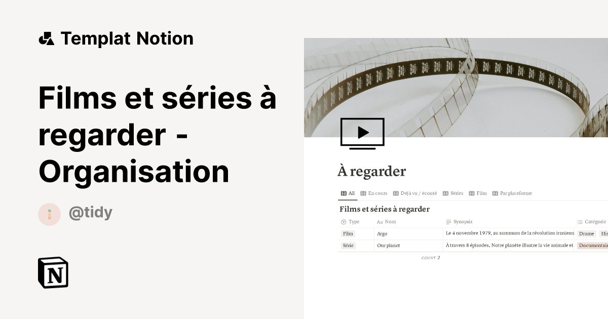 Templat Films et séries à regarder - Organisation | Notion Marketplace