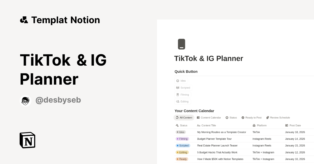 Templat TikTok & IG Planner | Notion Marketplace