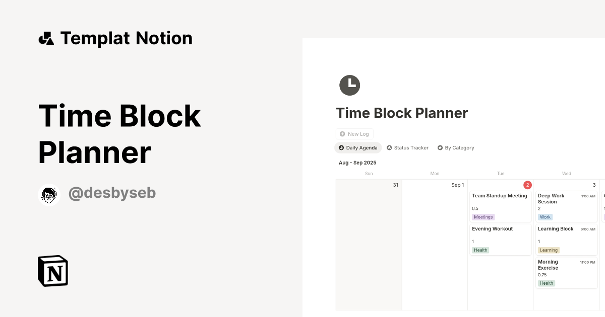 Time Block Planner Templat oleh desbyseb | Notion Marketplace