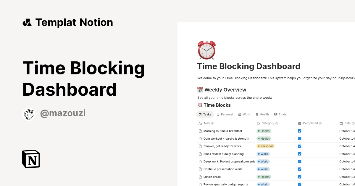 Templat Time Blocking Dashboard | Notion Marketplace