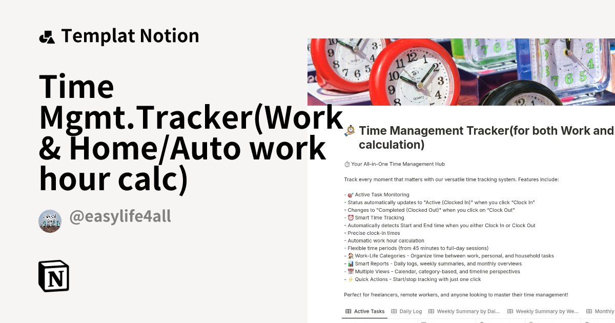 Templat Time Mgmt.Tracker(Work & Home/Auto work hour calc) | Notion ...